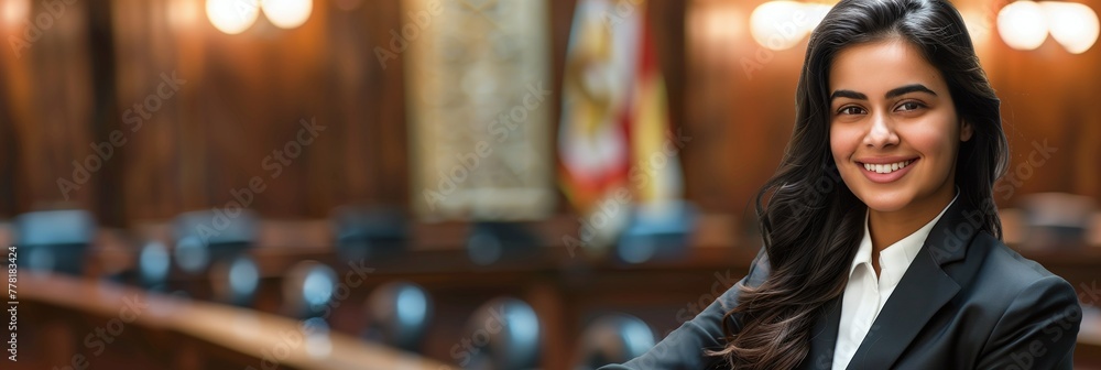 Confident Indian female lawyer wearing a business suit in courthouse ...