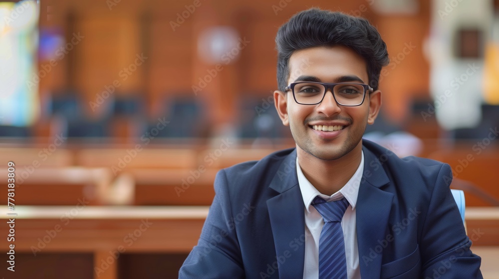 Smiling Indian male lawyer wearing a business suit in courthouse ...