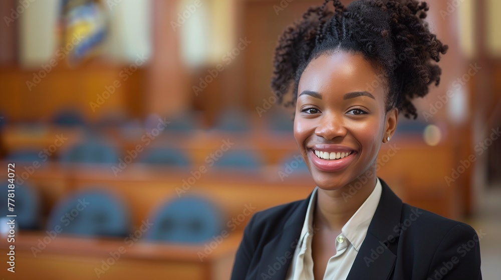 Smiling African American black female lawyer wearing a business suit in ...
