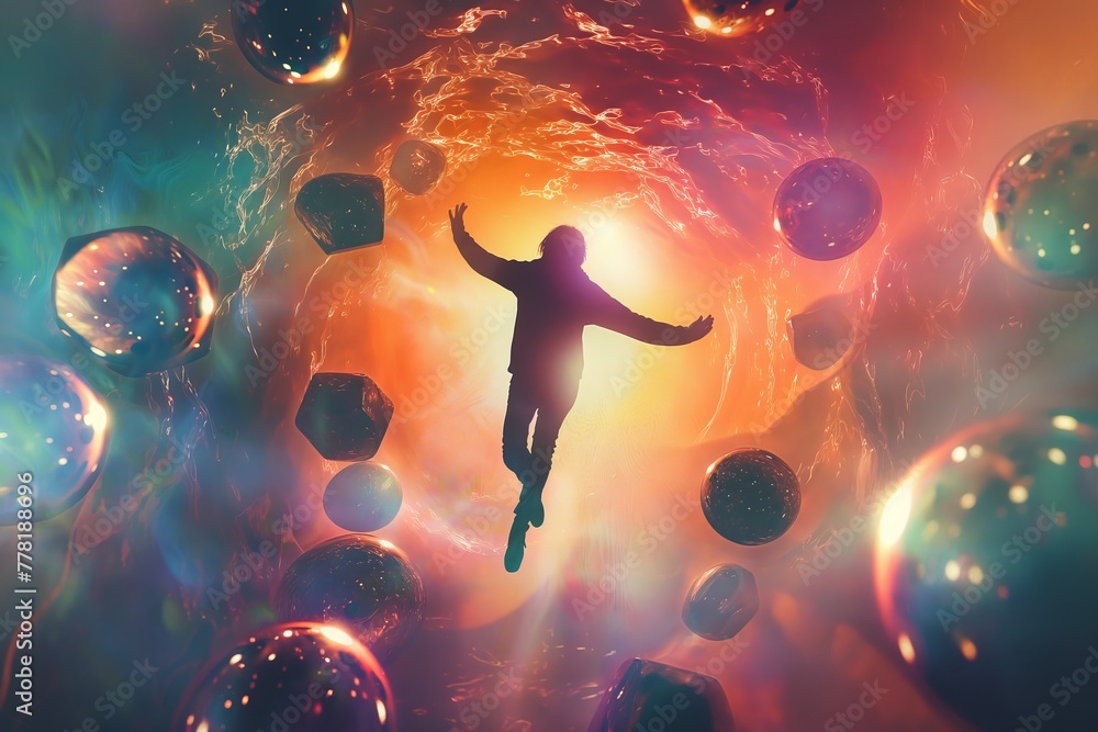 Silhouetted figure floating amidst vibrant orbs and dynamic energy ...