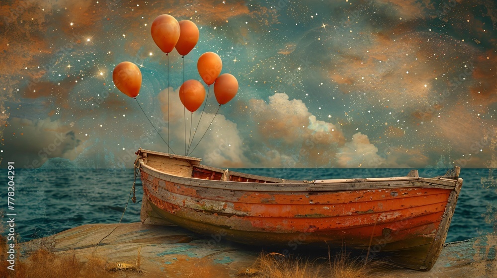 A surreal depiction of balloons tied to a wooden boat adrift floating ...