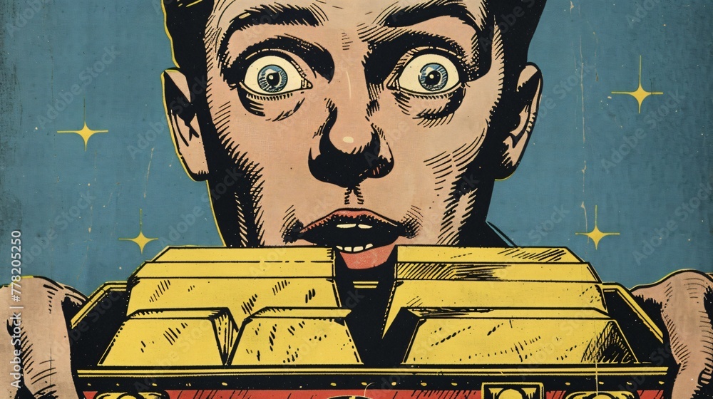 Comic strip of someone discovering gold bars in an old chest their eyes ...