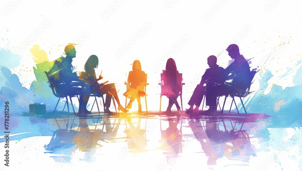 group therapy, silhouette of people sitting on chairs talking to each ...