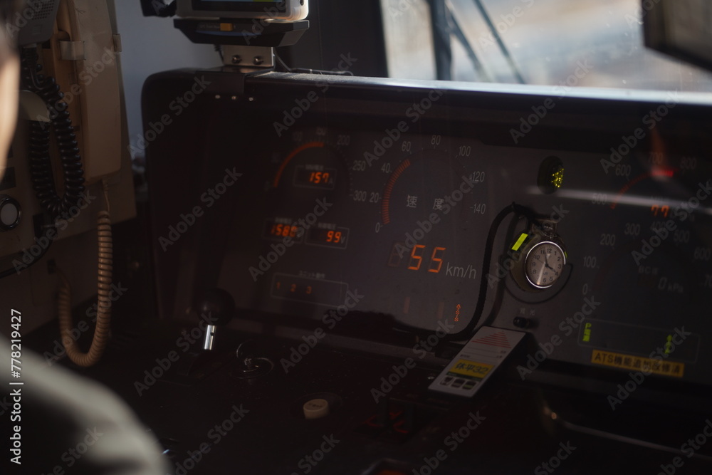 OSAKA, JAPAN - NOV 17, 2019: Hankyu railway train control panel in the ...