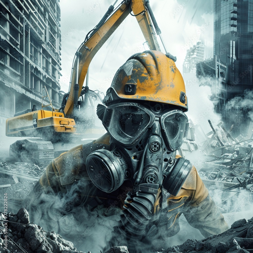 Innovative dust masks and construction machinery merge in a futuristic setting, highlighting ...