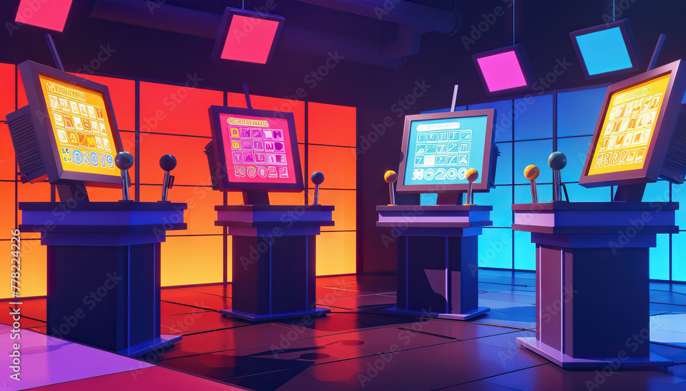 Game Show Quiz Set: A quiz show set with podiums, buzzers, and question ...