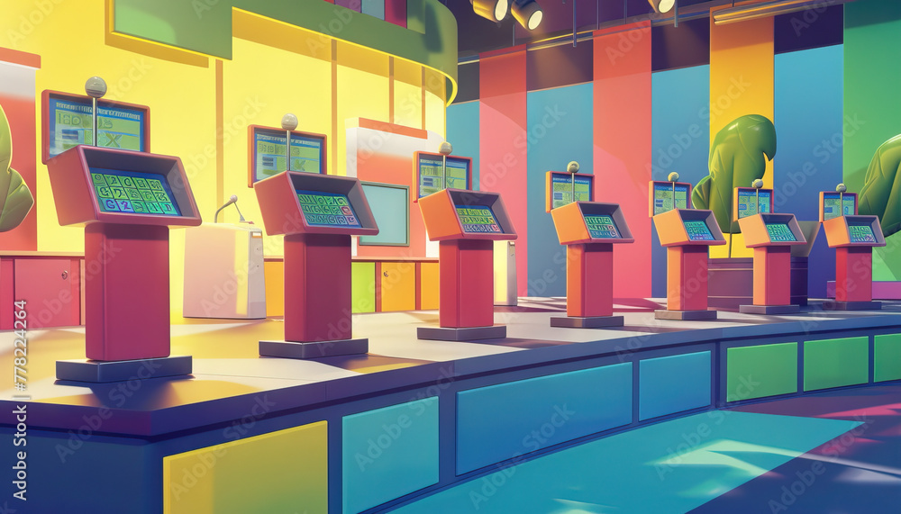 Game Show Quiz Set: A quiz show set with podiums, buzzers, and question ...