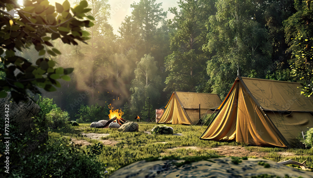 Wilderness Survival Camp: A wilderness camp set with tents, campfire ...