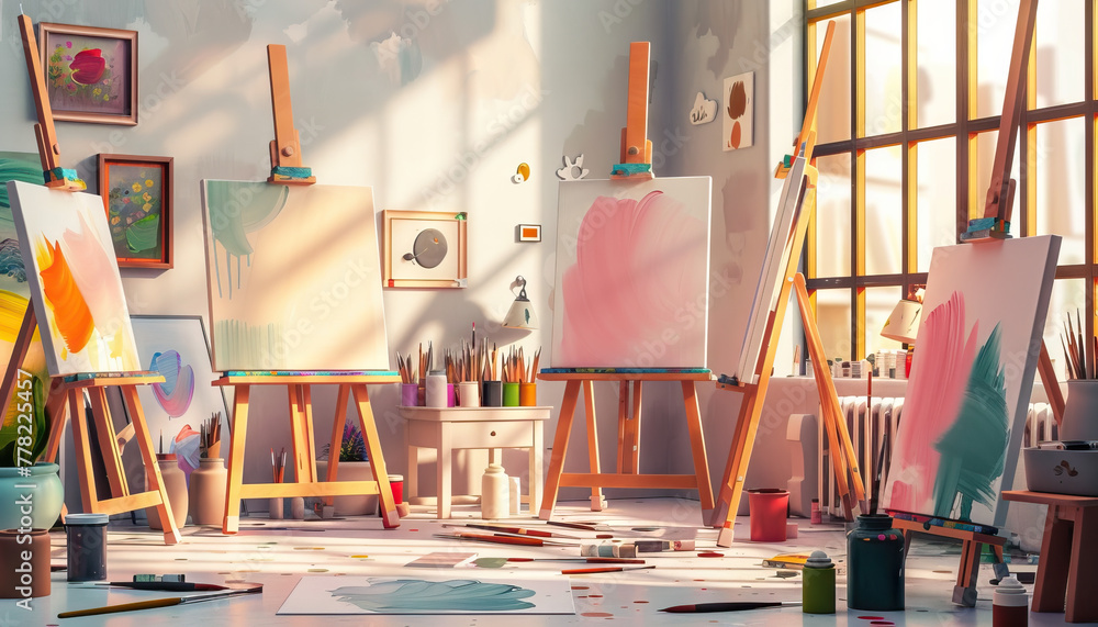Artistic Painting Studio: A painting studio set with easels, canvases ...