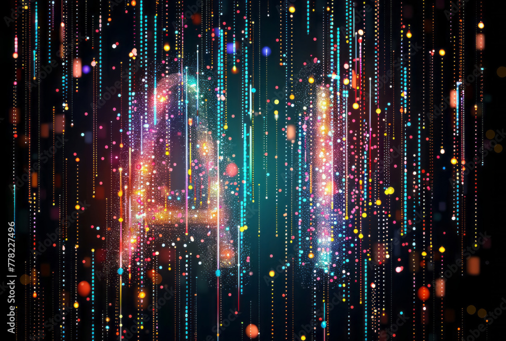 The word "AI" with lights on it in a style that merges colorful fantasy ...