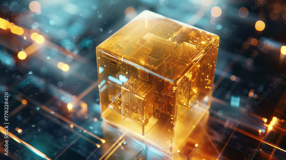 Futuristic flat graphics of a cube are portrayed in a style that merges ...