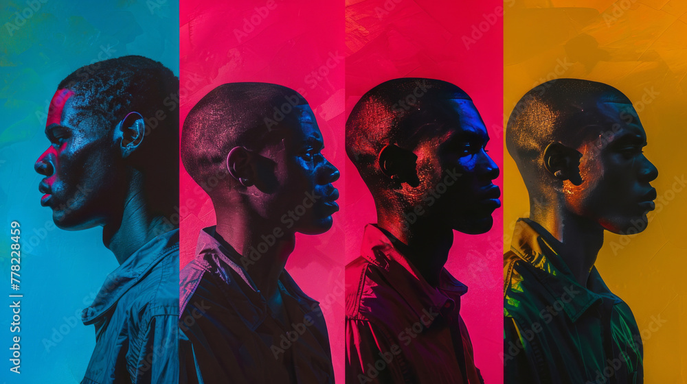 Four differently colored people standing together are portrayed in a ...