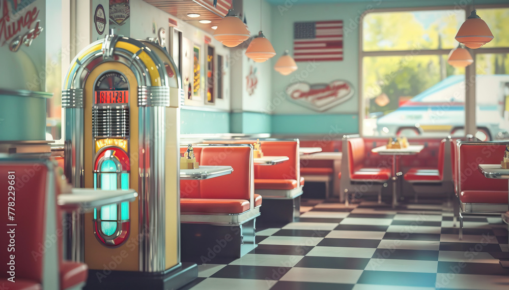 Vintage Retro Diner: A retro diner set with jukebox, diner booths, and ...