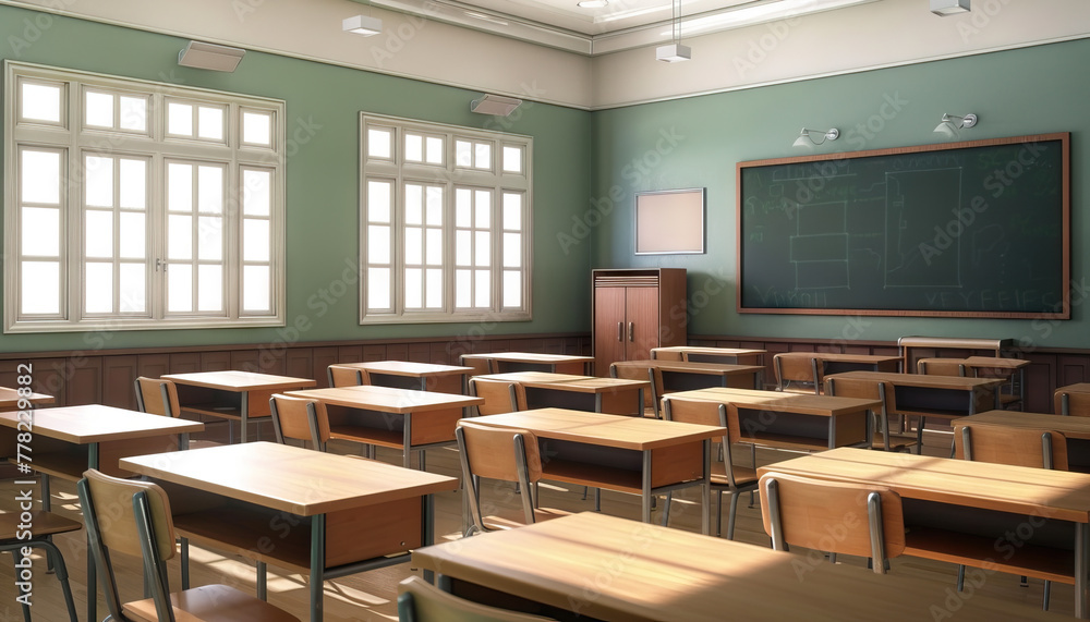 Educational Classroom Studio: A classroom set with desks, chalkboard ...