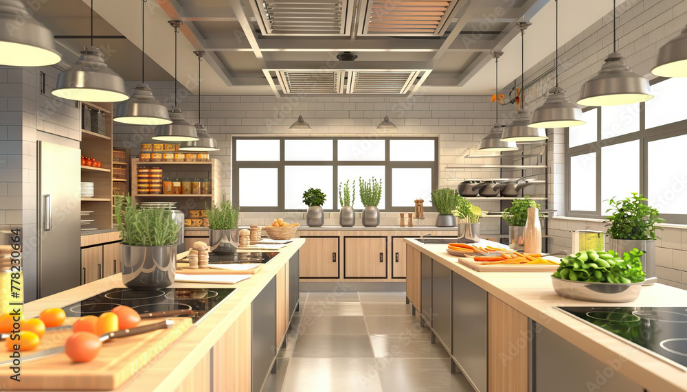 Culinary School Kitchen A culinary school set with cooking stations ...