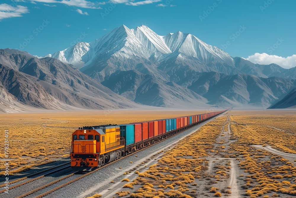 A cargo train traversing a barren, sun-scorched desert landscape, the ...