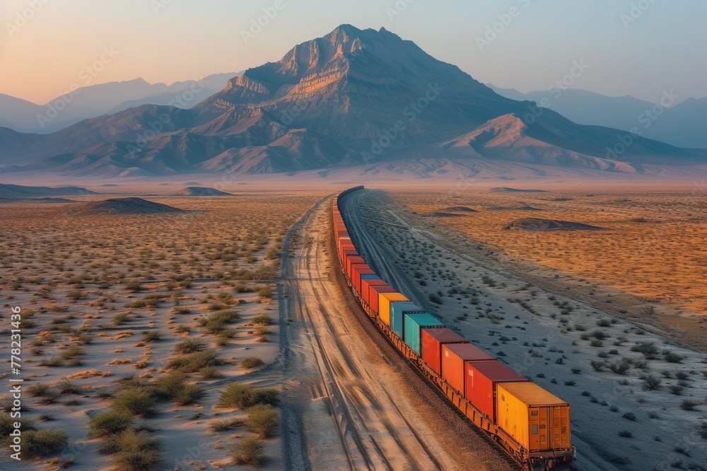 A cargo train traversing a barren, sun-scorched desert landscape, the ...