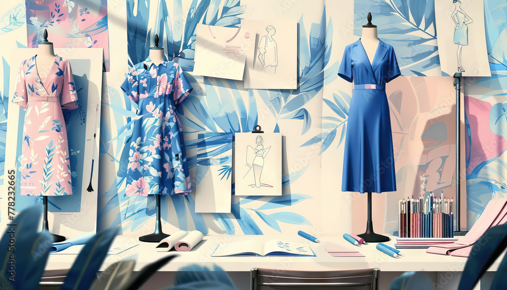 Fashion and Design Talk Show Set": A stylish set with fashion sketches ...