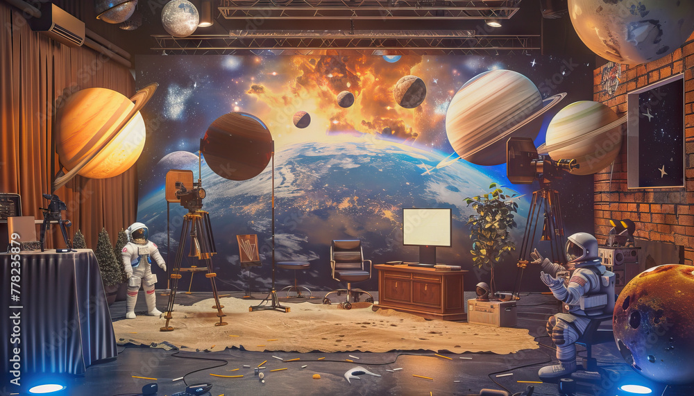 Space Exploration Talk Show Studio: Set with space-themed decor ...