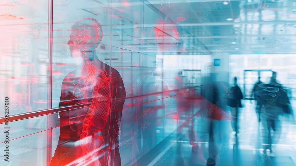 Transparent outline of a human in a bustling corporate environment ...
