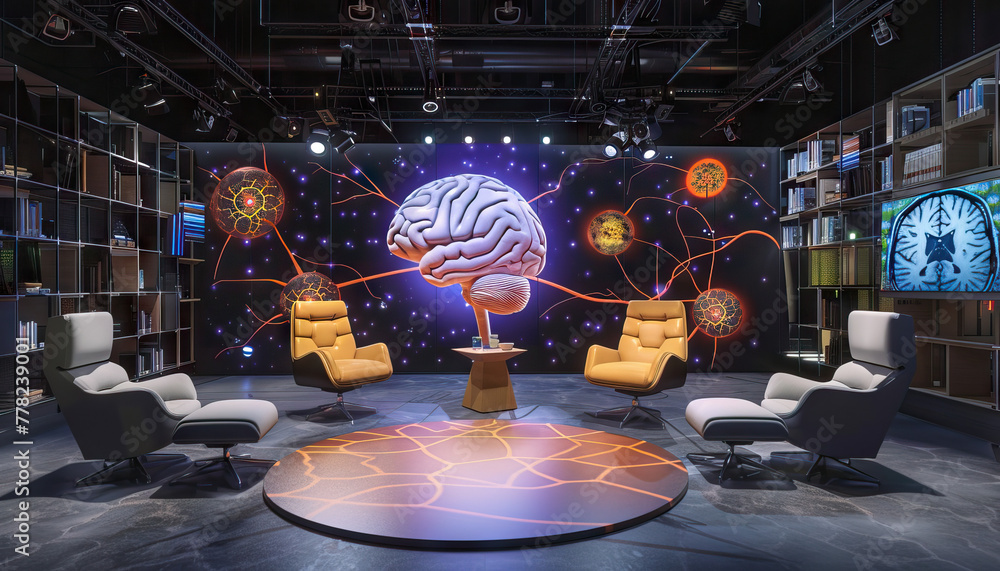 Neuroscience Talk Show Studio: Set with neuroscience-themed decor ...