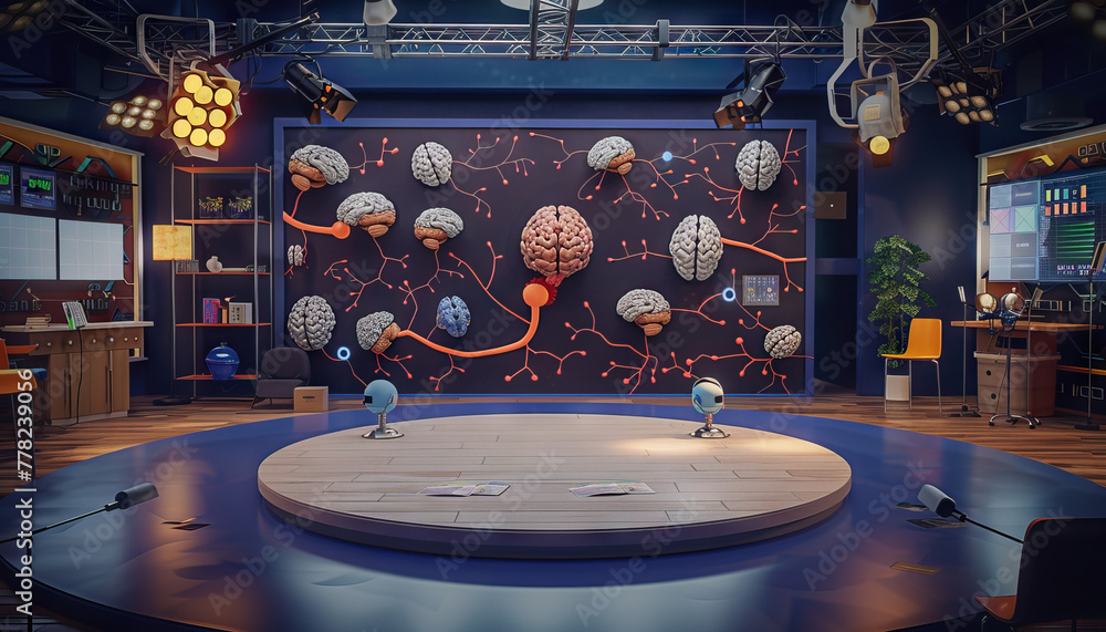 Neuroscience Talk Show Studio: Set with neuroscience-themed decor ...