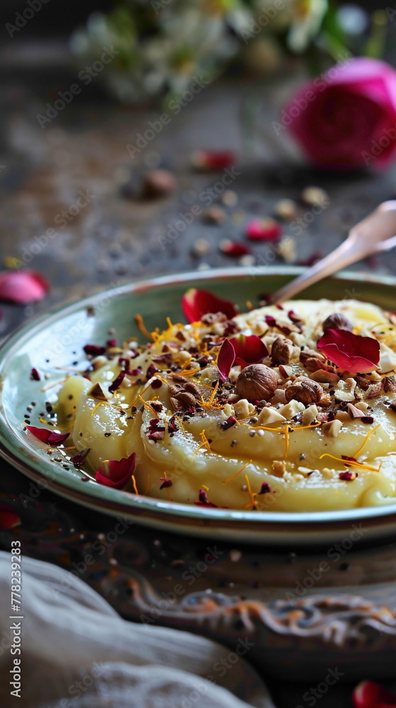 A plate of rich and indulgent shahi tukda, garnished with saffron ...
