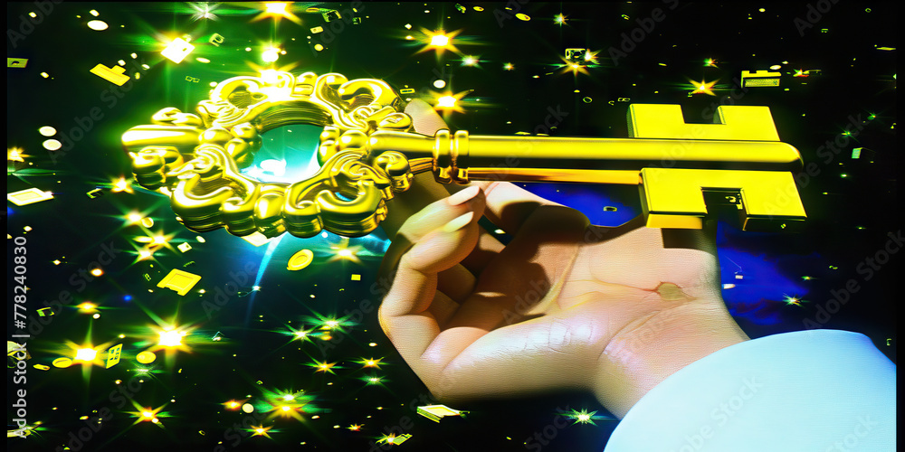 Golden Key in Treasure Hunter's Hand, Ornate Design with Shimmering ...