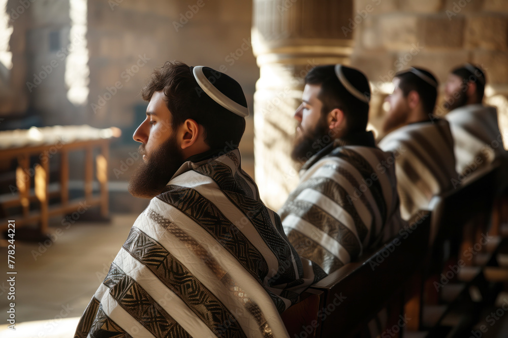 Jewish men praying in a religious orthodox synagogue adorned with ...
