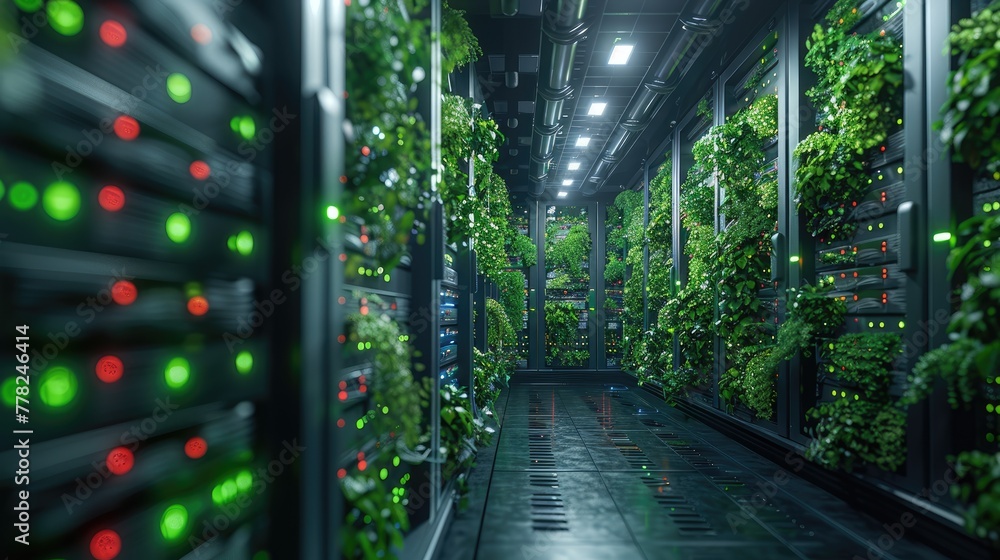 Artistic depiction of a green data center powered by renewable energy ...