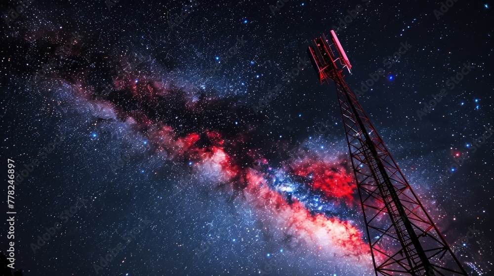 Communication tower stretching into a starry night sky, sci-fi vibes ...
