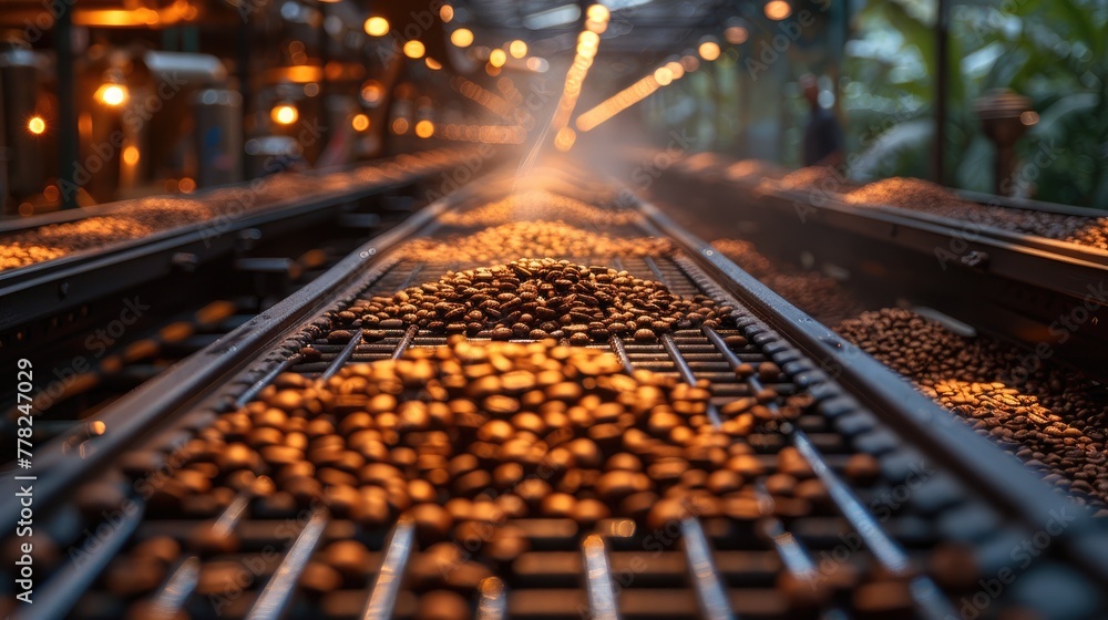 Conveyor belt transporting freshly brewed coffee in a coffee bean ...