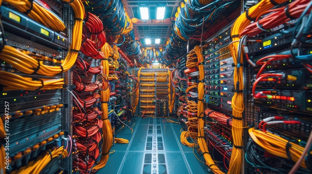 Detailed image of computer server rack cable management, organized ...