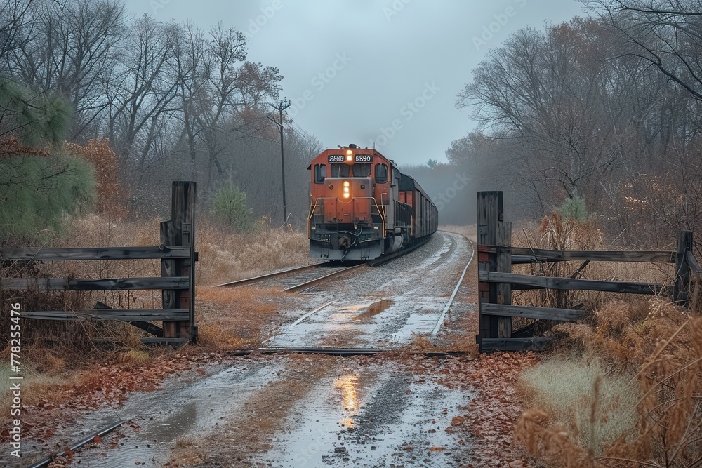 Railroad Crossing Train passing through a rural railroad crossing with ...