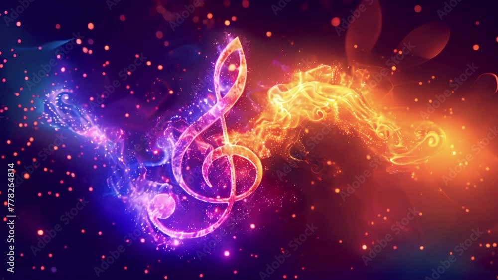 Music key neon colors on black background. Music notes abstract. blue ...