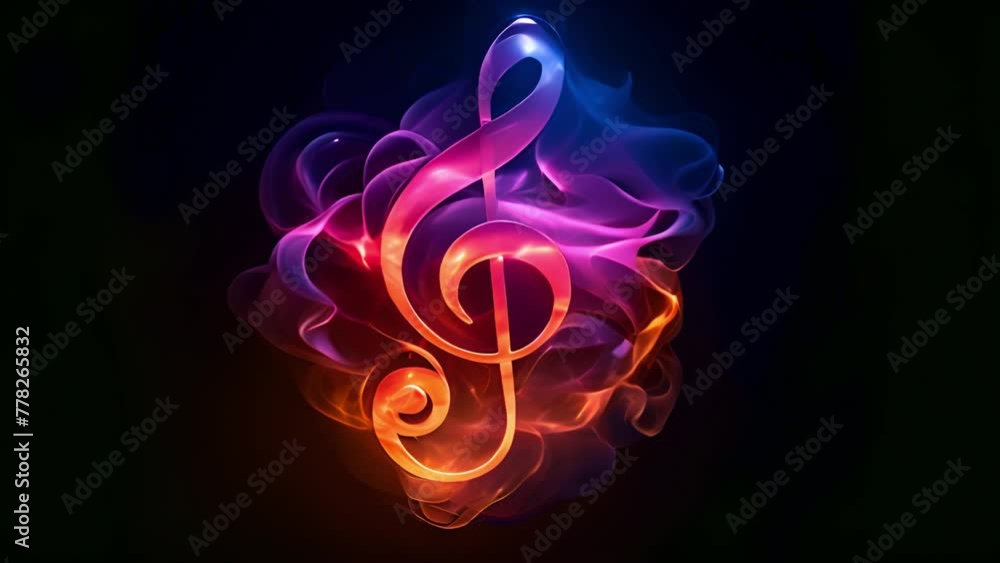 Music key neon colors on black background. Music notes abstract. blue ...