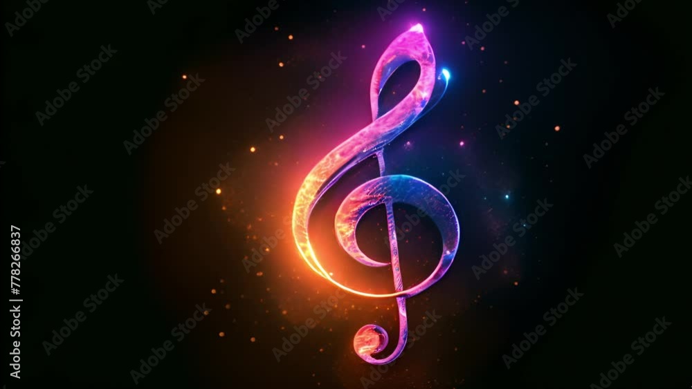 Music key neon colors on black background. Music notes abstract. blue ...