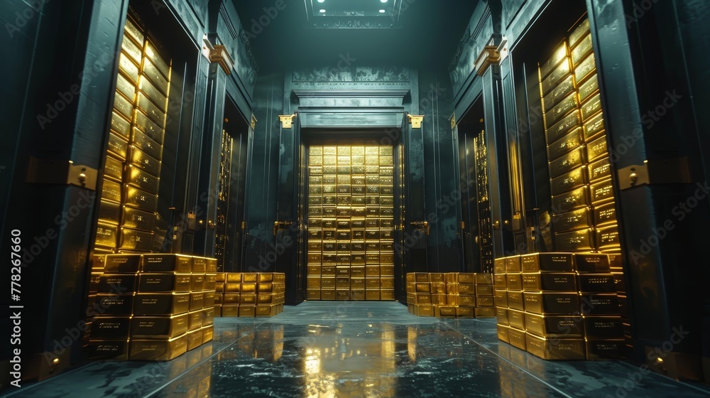 A room full of gold boxes and a large gold door. The room is dark and ...