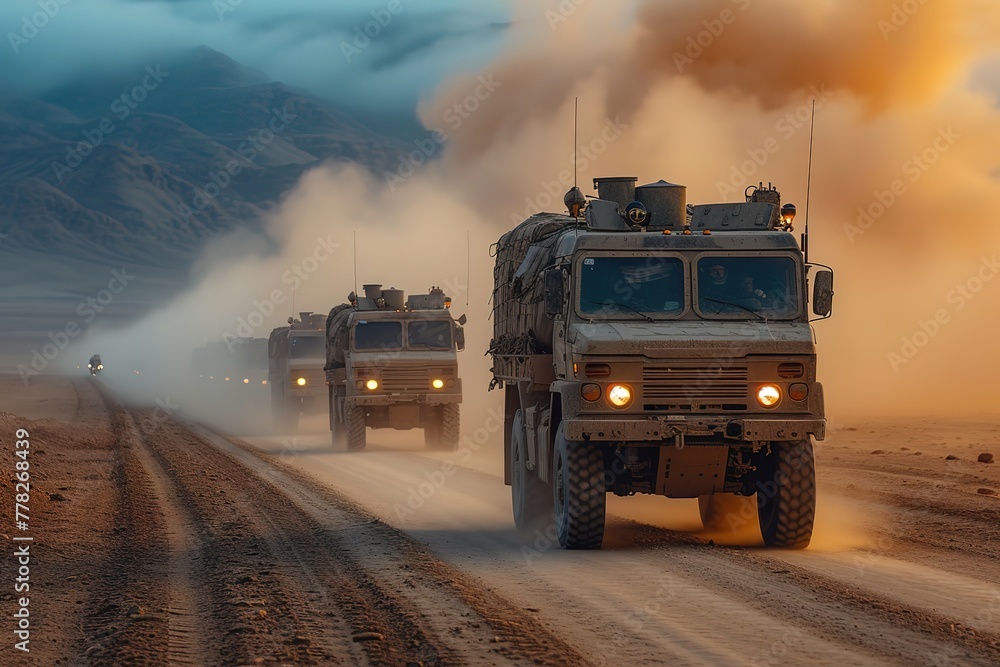 A convoy of military transport trucks rolling across a vast desert ...