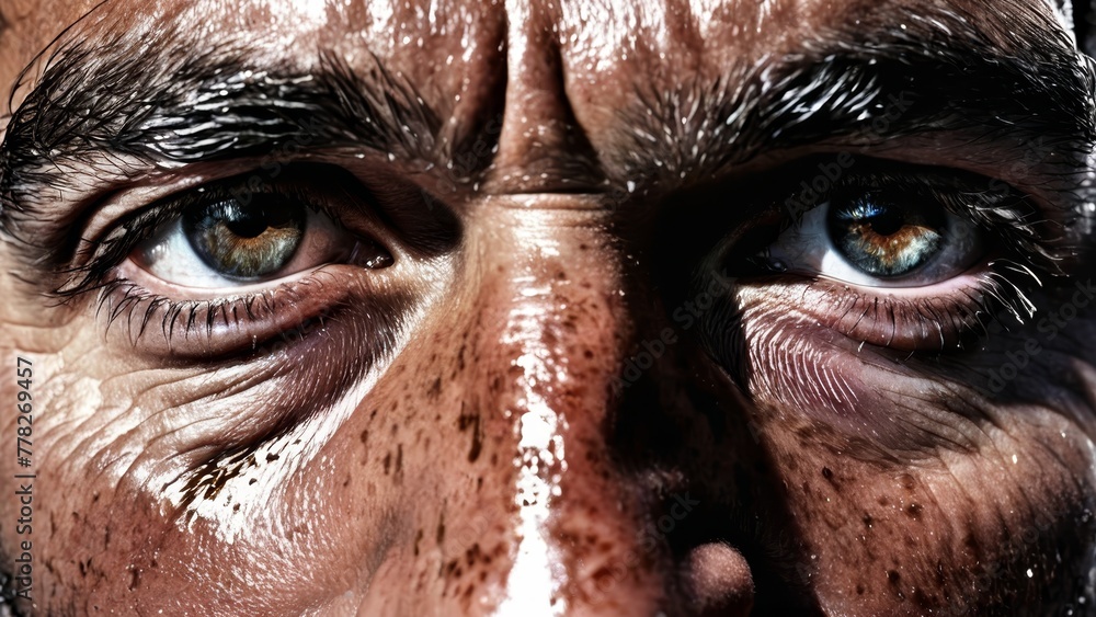 A tight shot of a man's mud-splattered face, with distinct freckles ...