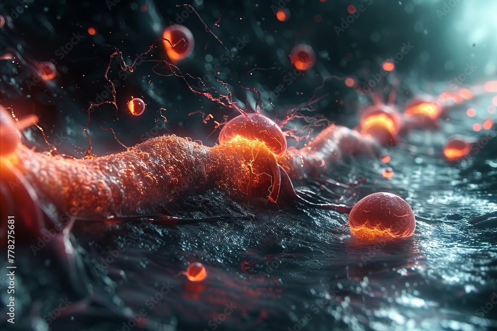 Digital artwork of platelets and coagulation factors engaging in a ...