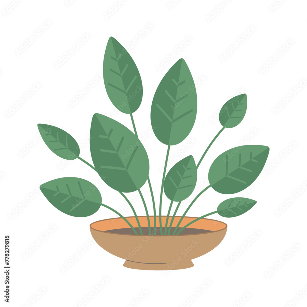 Green Leaves Plant Ceramic Pot Vector Indoor House Plant Flowerpot