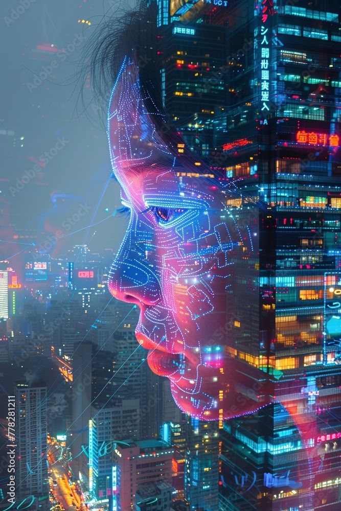 A close-up portrait of a digital k-pop robot girl in a Cyberpunk ...