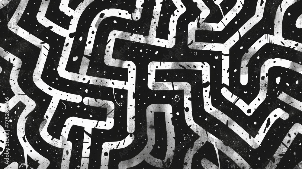 Black and white seamless pattern of an abstract maze, hand drawn with ...