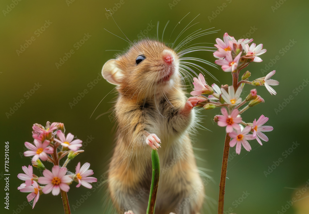 A field mouse climbing on the stem to reach flowers, a photo in which ...