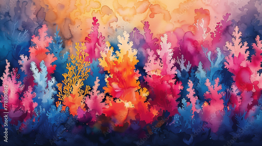 Paysage marin à l'aquarelle, fonds marins colorés avec algues, corail ...