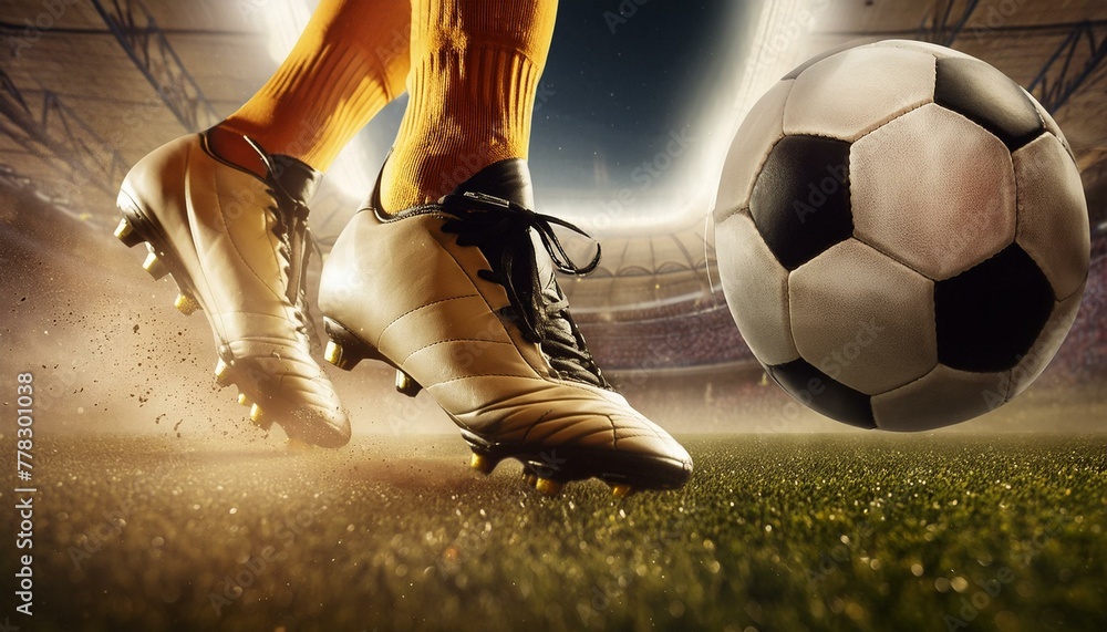 Epic feet of soccer player step on soccer ball for kick off in sunny ...
