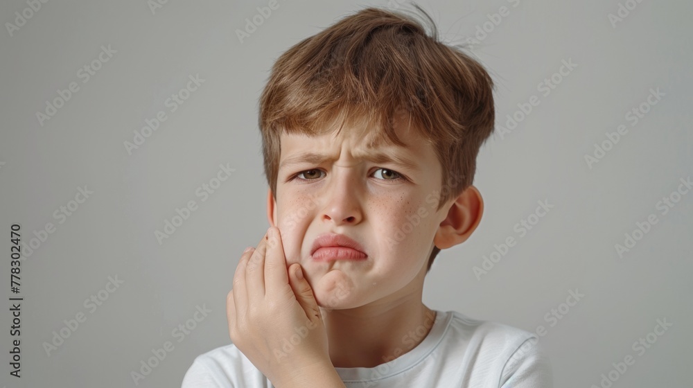 little boy presses hand to cheek, suffers from pain in tooth isolated ...