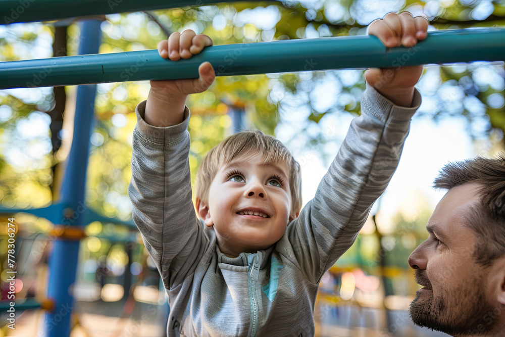 Little positive boy at the monkey bars and his father watching and ...