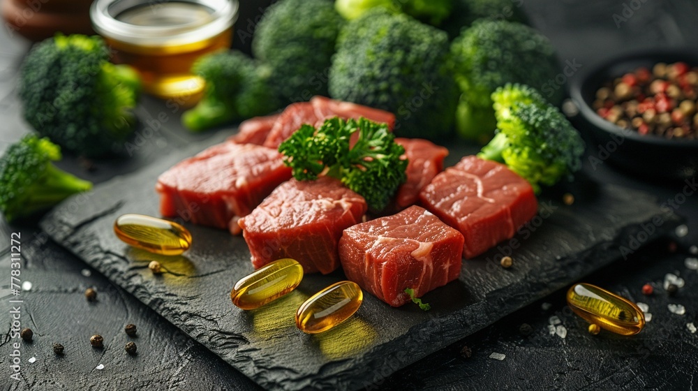 A harmonious blend of B12 supplement capsules with natural sources like ...